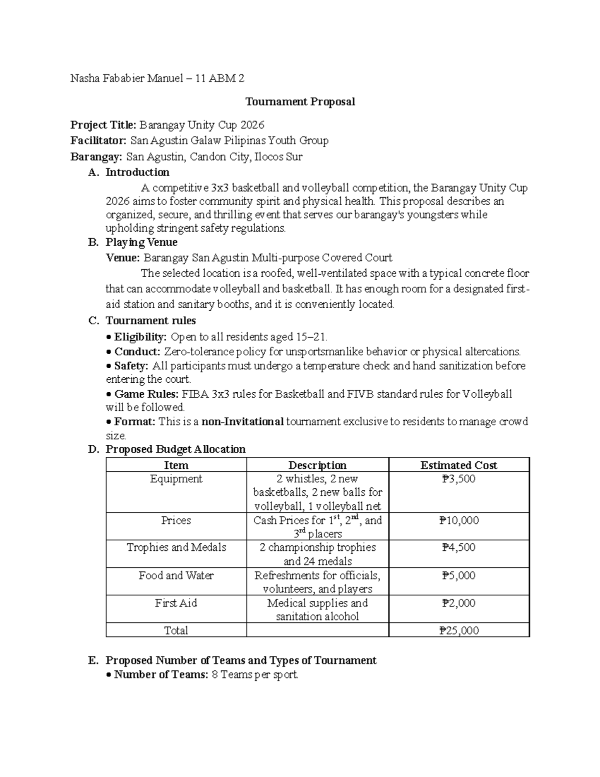Barangay Unity Cup 2026 Proposal - 11 ABM 2 Tournament Plan - Studocu