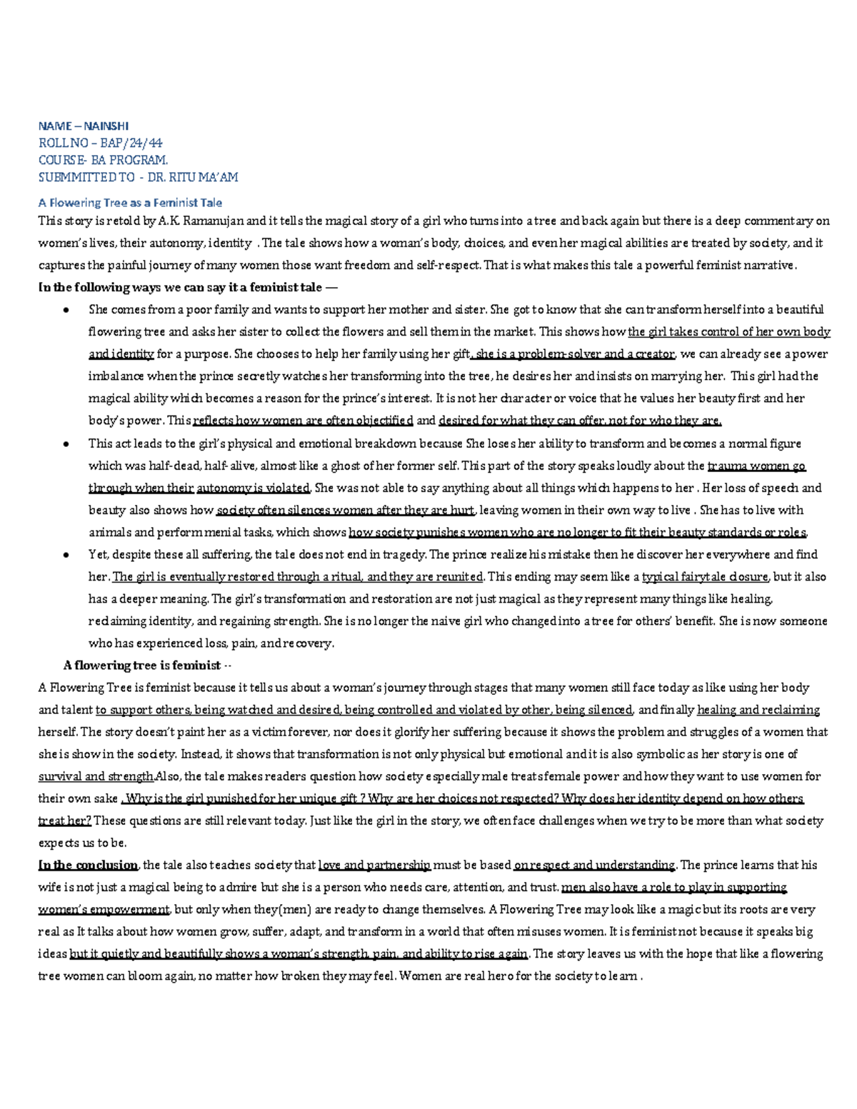 BA Program: A Flowering Tree as a Feminist Narrative Essay - Studocu