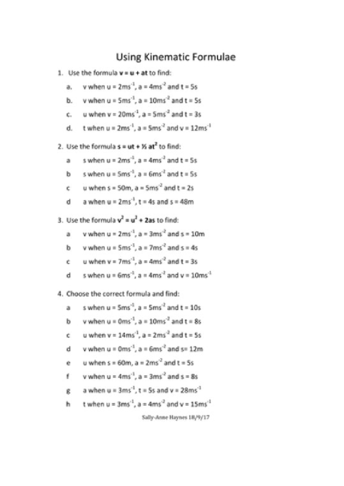 Kinematic Equations Practice - Motion Equations (Course Code: ME101 ...