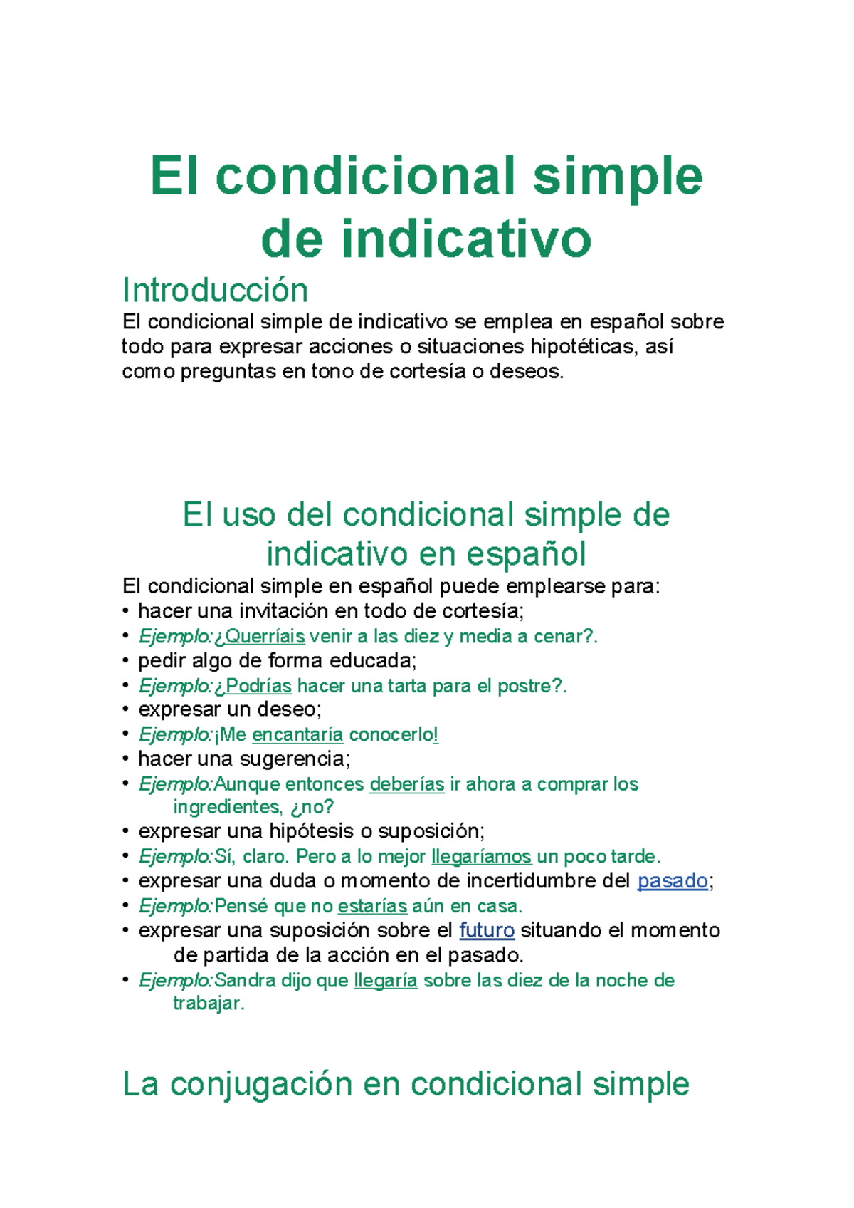El condicional simple de indicativo: Uso y conjugación - Studocu