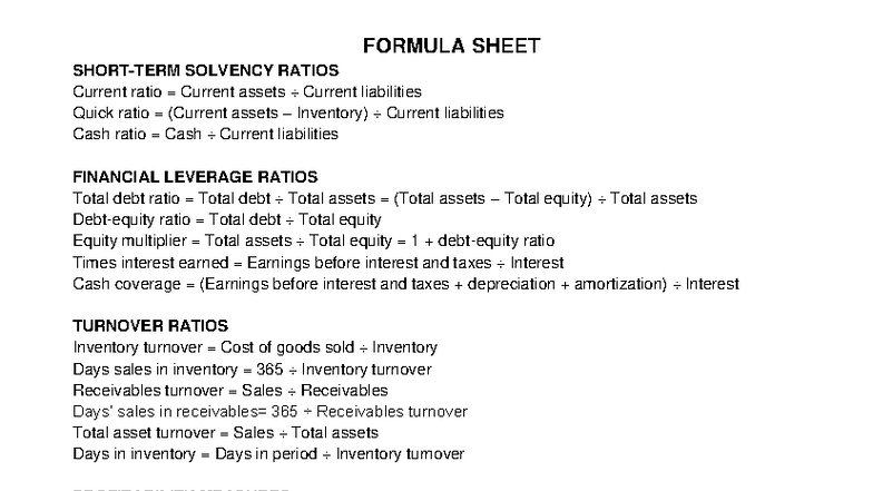 Formula Sheet: Solvency, Leverage, and Profitability Ratios - Studocu