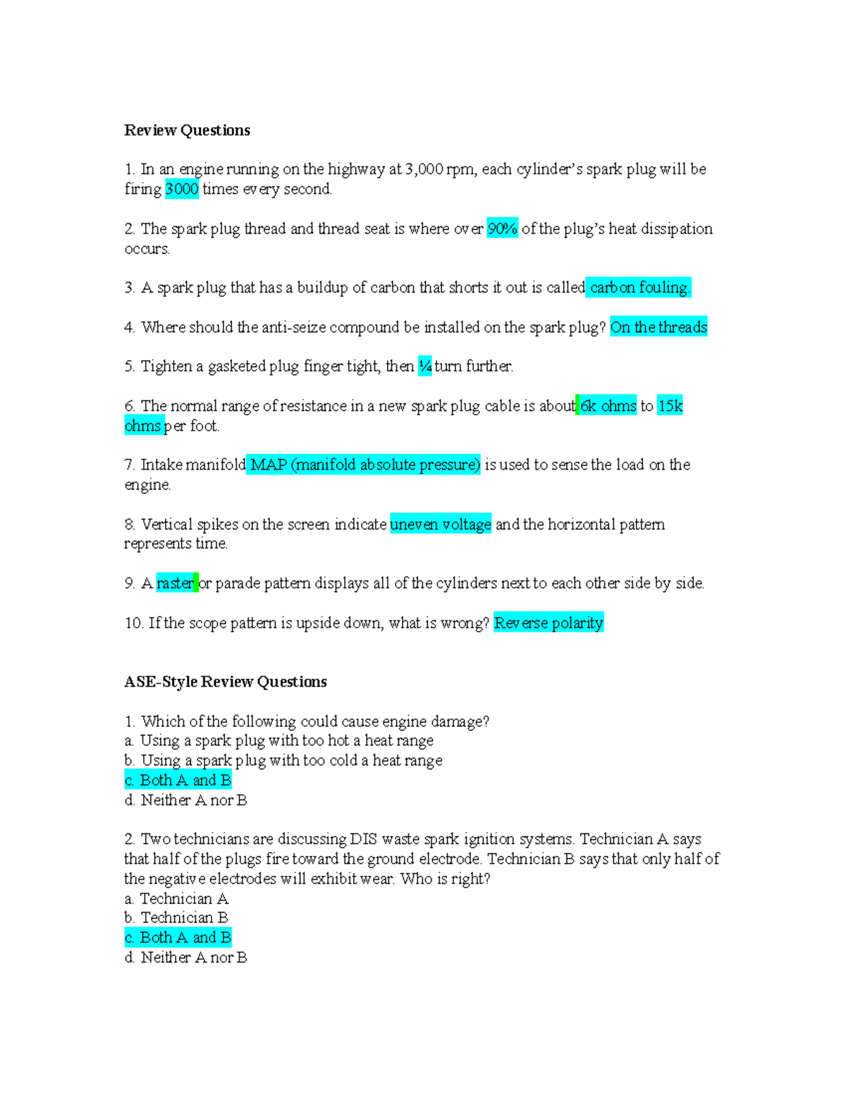 Chapter 38 - ASE Review Questions on Spark Plugs and Ignition Systems ...