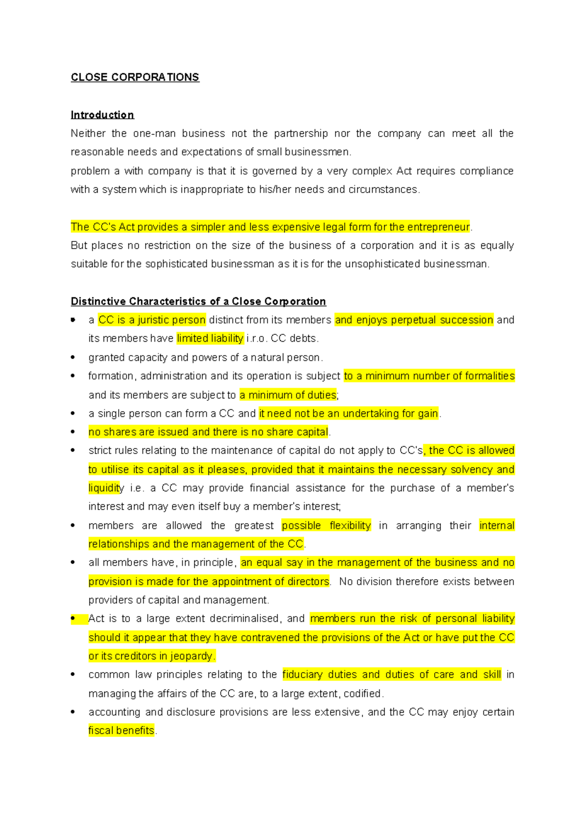 Close Corporations: Key Features and Legal Framework - Studocu