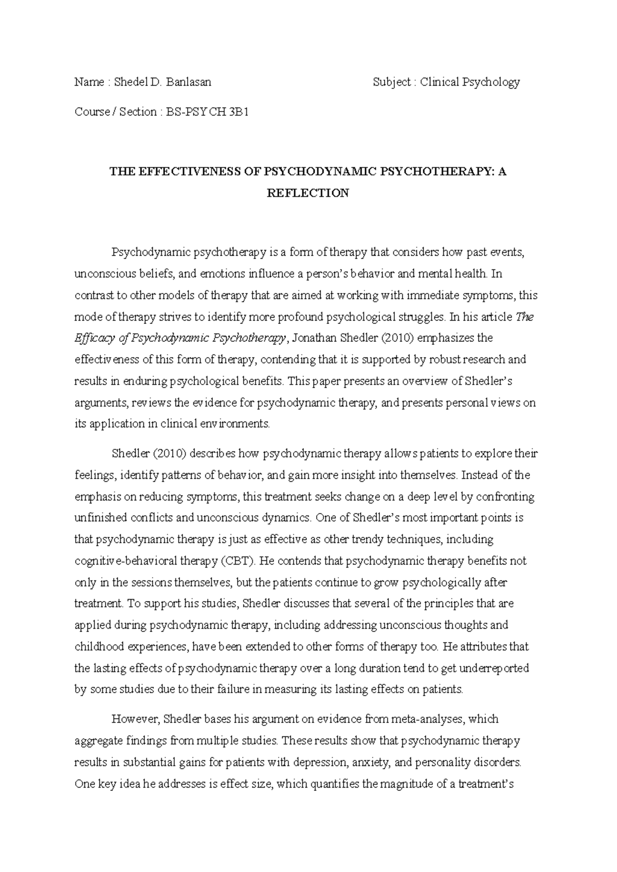 The effectiveness of psychodynamic psychotherapy: A reflection (3B1 ...