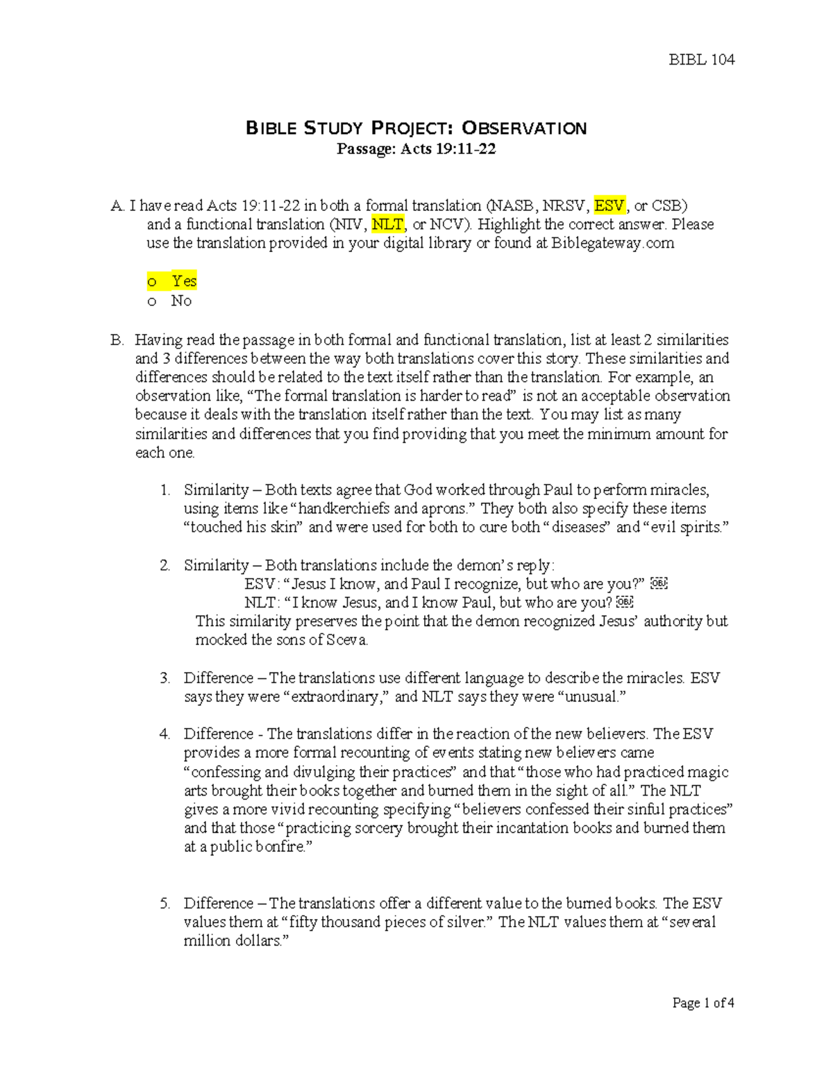 Bible Study Project: Acts 19 Observations & Comparisons - Studocu