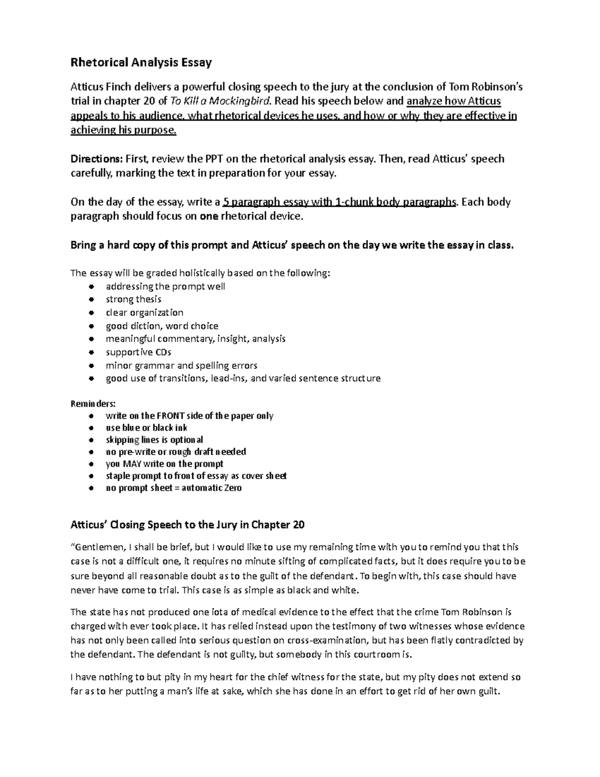 Rhetorical Analysis Essay of Atticus Finch's Closing Speech (ENG 101 ...