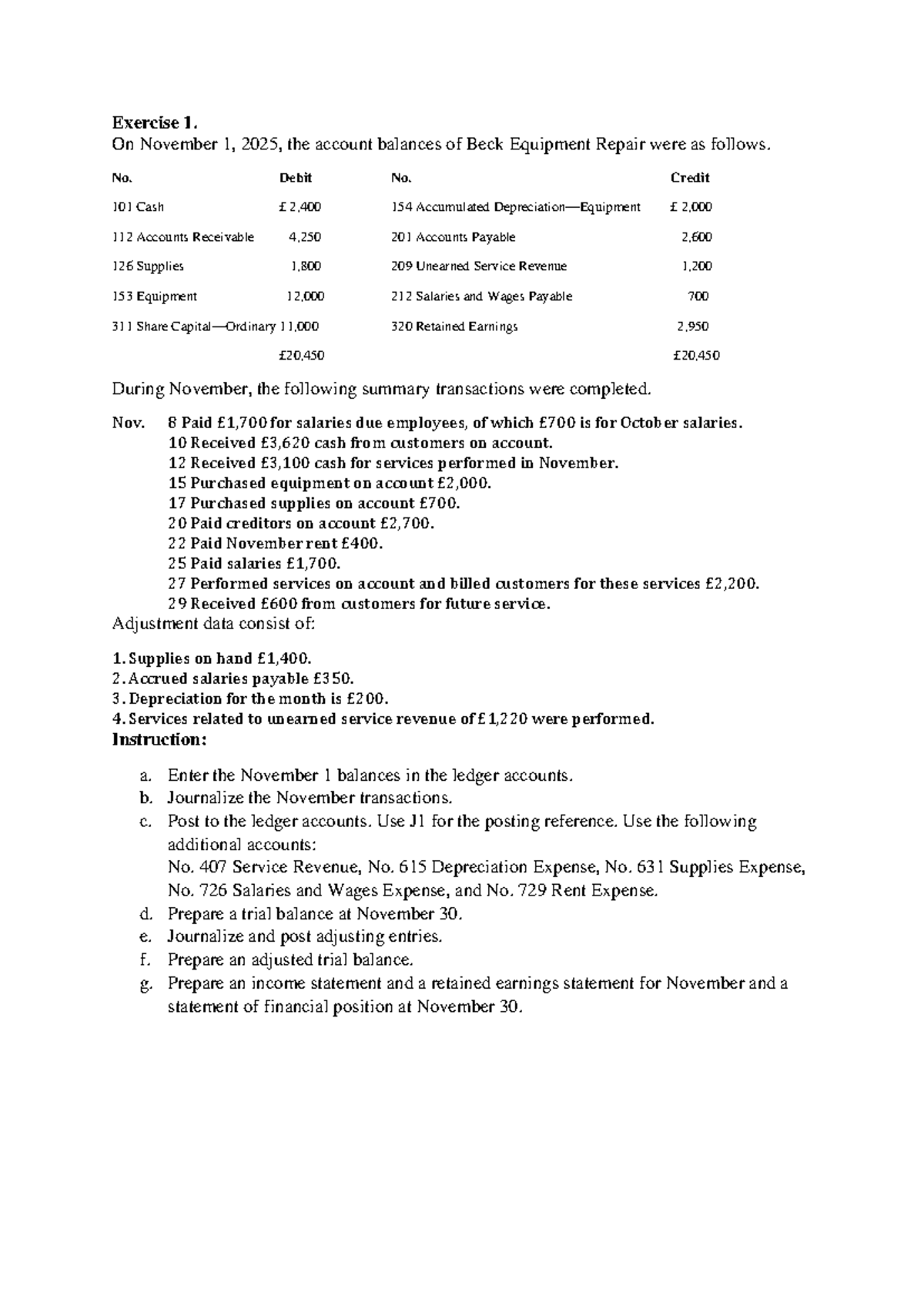 Exercise 1: Accounting Transactions & Adjustments - Chapter 3 - Studocu