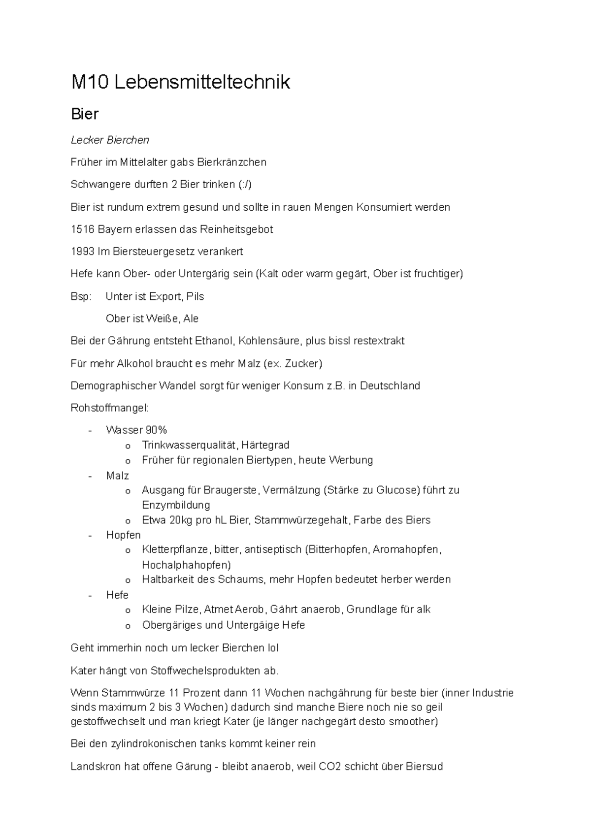M10 LT - Zusammenfassung zu Bier, Malz, Hopfen und Zucker - Studocu