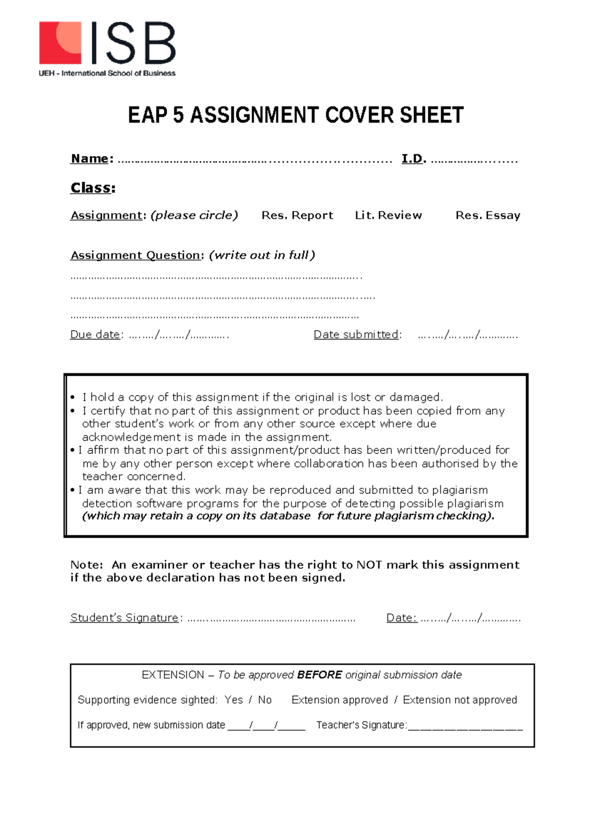 EAP5 Assignment cover sheet - EAP 5 ASSIGNMENT COVER SHEET Name: - Studocu
