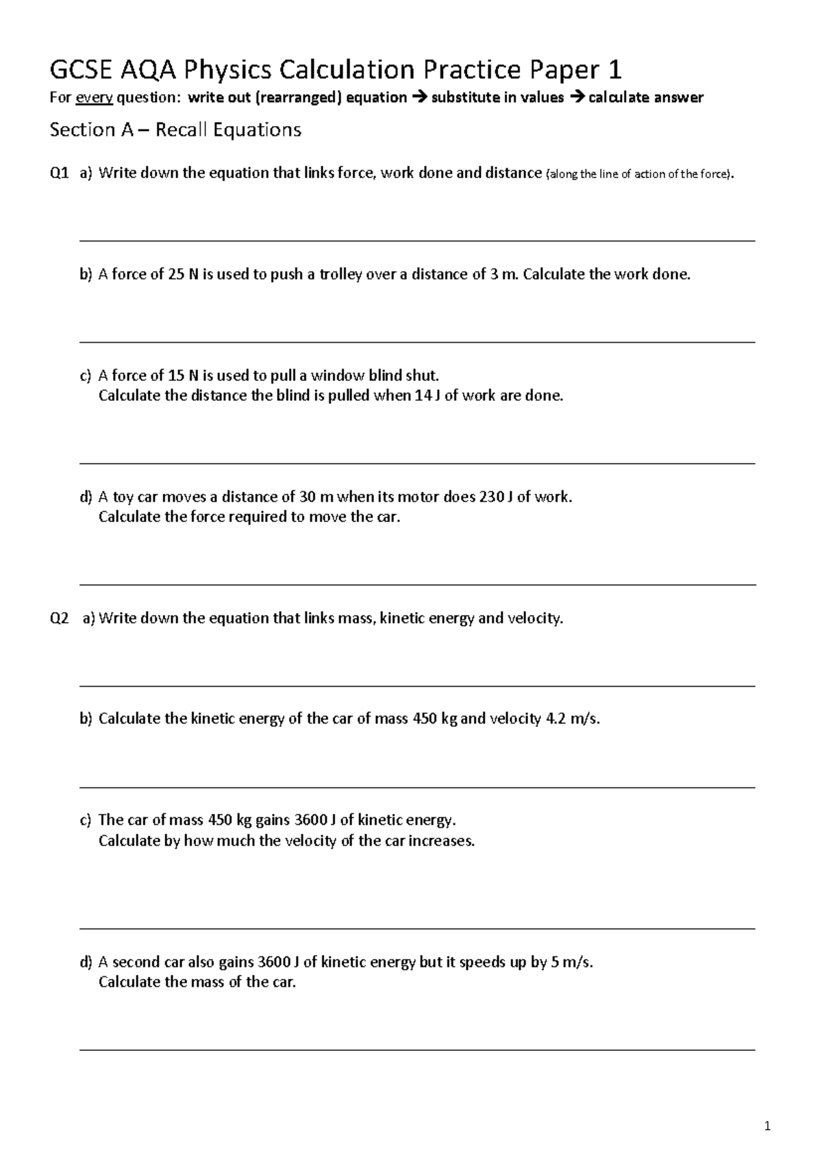 GCSE AQA Physics Calculation Practice Paper 1: Equations & Solutions ...