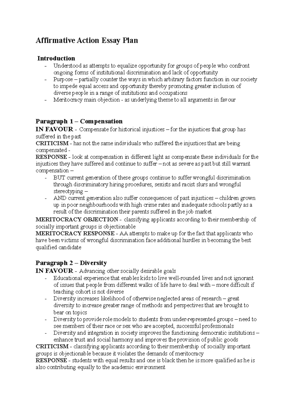 Essay Plan - Affirmative Action: Key Arguments & Counterarguments - Studocu