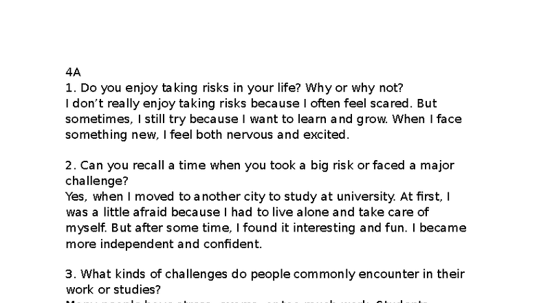 Unit 4 Speaking Answers: Risks, Decisions, and Personal Growth - Studocu