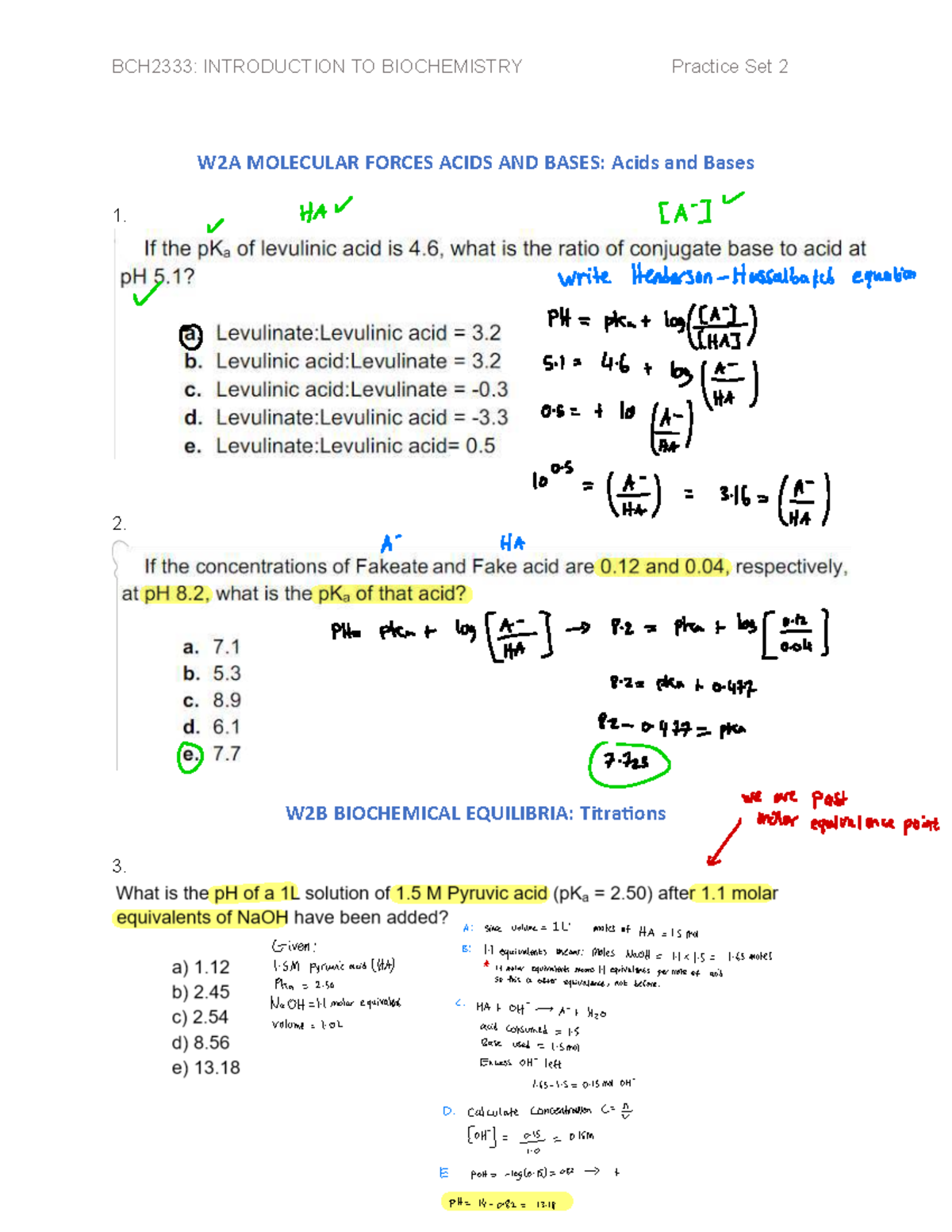 BCH2333: Biochemistry Practice Set 2 - Molecular Forces & Equilibria ...