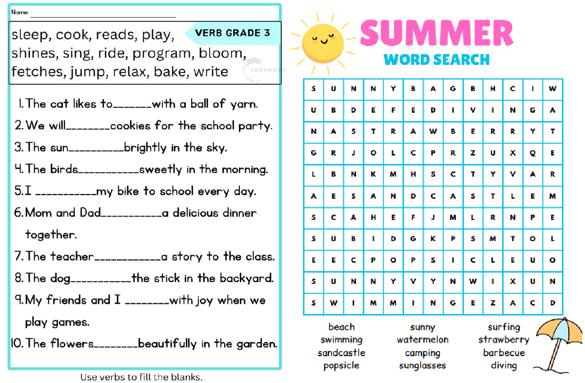 Grade 3 Summer Verb & Word Search Worksheet - Studocu