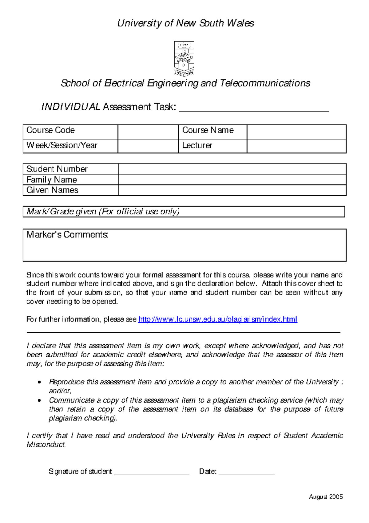 UNSW EE & T Individual Assignment Cover Sheet Template - Studocu