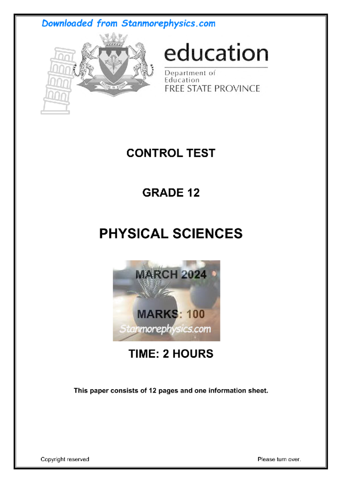 Physical Sciences Grade 12 March 2024 Control Test QP & Memo - Studocu