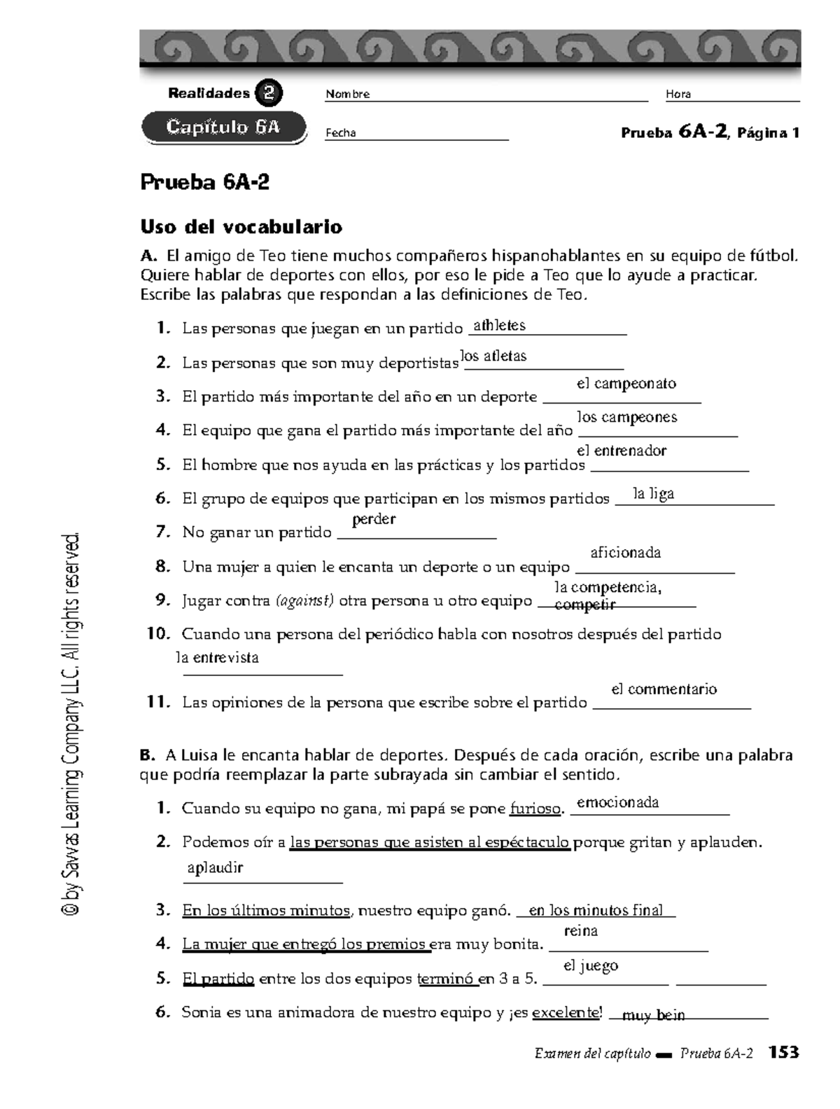 Prueba 6A-2: Examen de Vocabulario Realidades Sp. II - Studocu