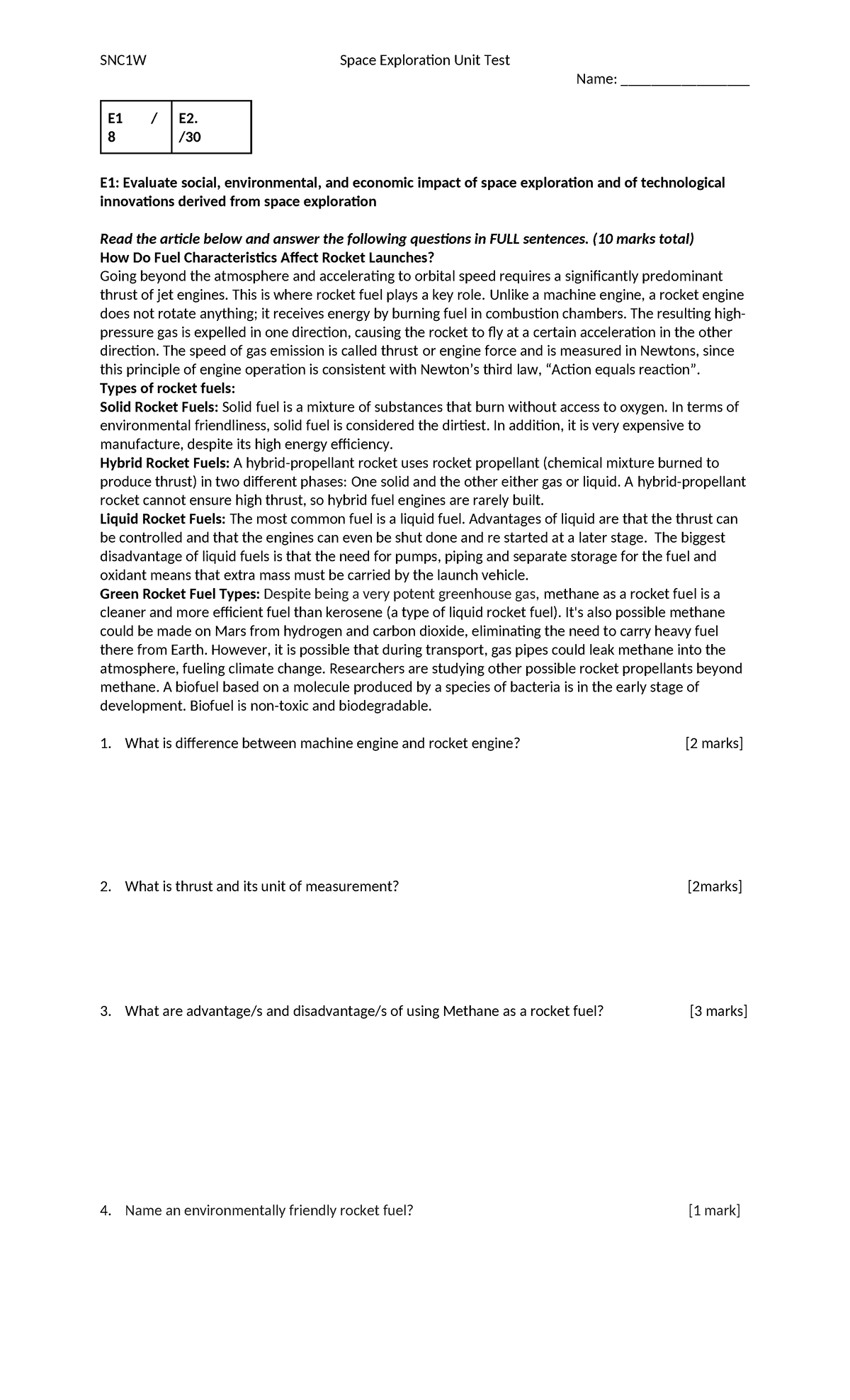 SNC1W E1 8 Space Exploration Unit Test: Fuel Types & Solar System ...