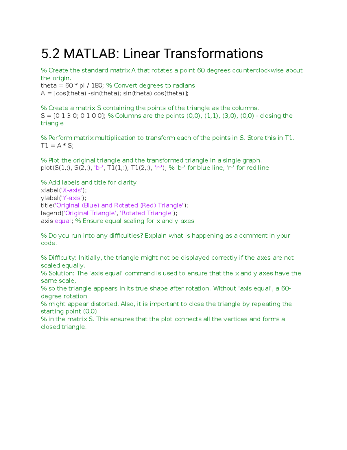 5.2 MATLAB: Understanding Linear Transformations with Rotation - Studocu