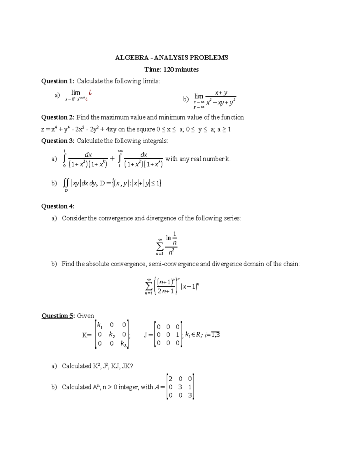 ALGEBRA ANALYSIS PROBLEMS - Final Exam (ALG 101) - Studocu
