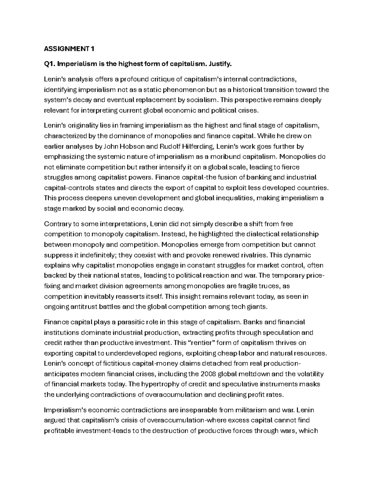 ASSIGNMENT 1 Q1: Analyzing Lenin's View on Imperialism and Capitalism ...