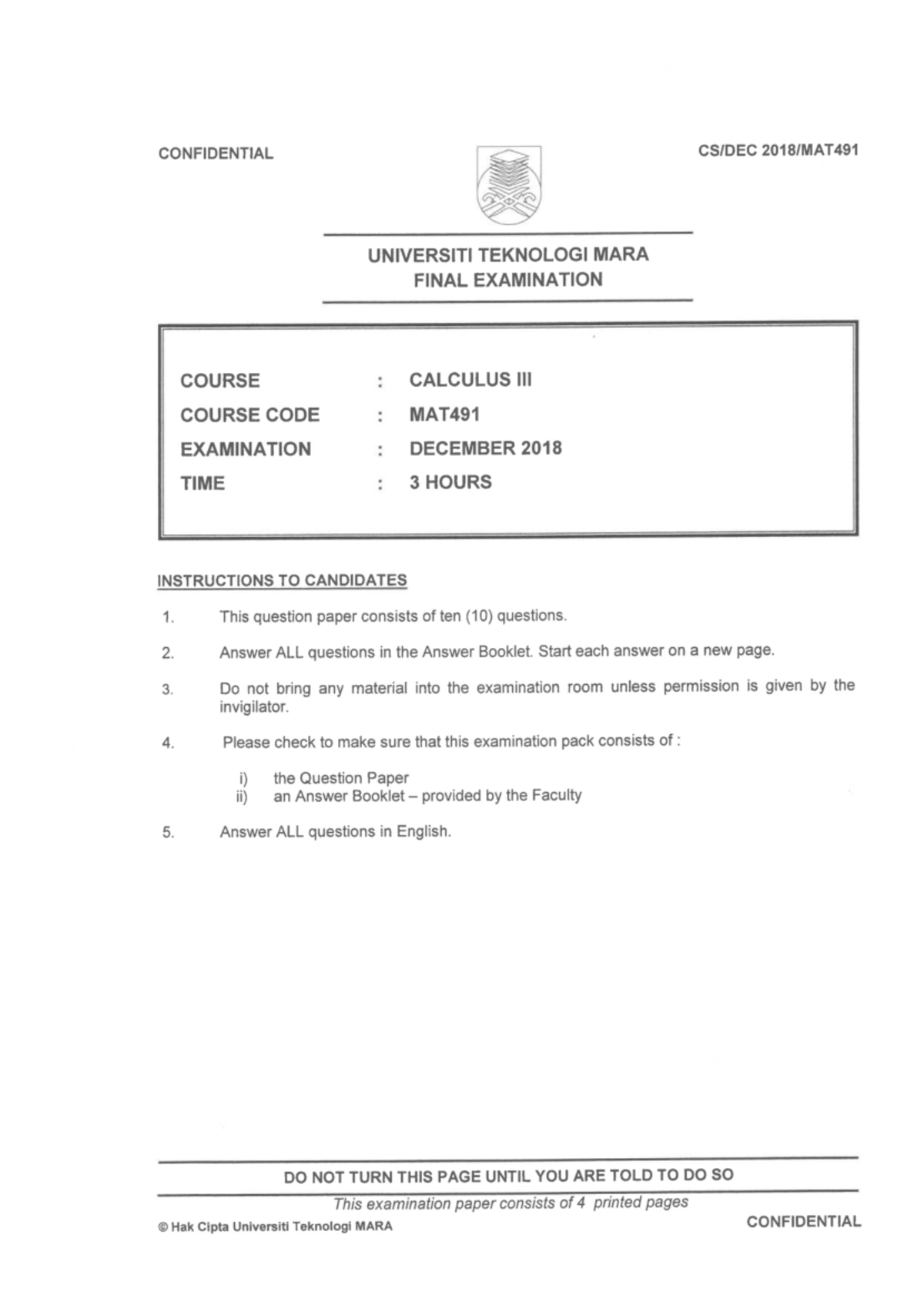 MAT491 Calculus Final Exam Paper - December 2018 - Studocu