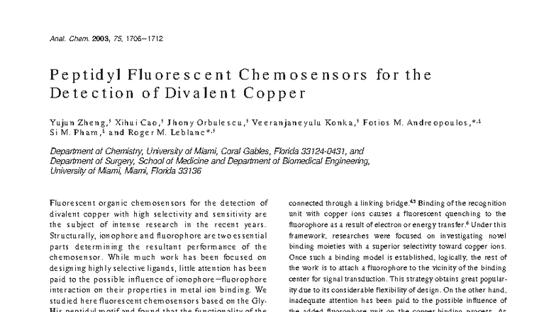 Peptidyl Fluorescent Chemosensors for Divalent Copper Detection (CHEM ...