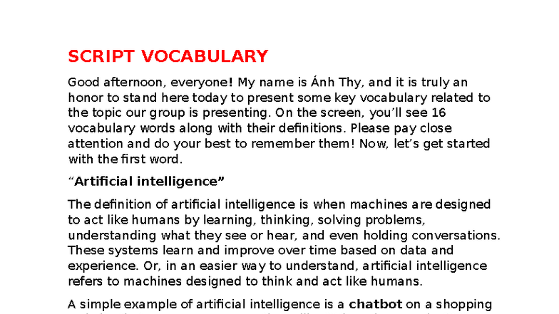 AI in the Economy: Key Vocabulary & Minigame Script - Studocu