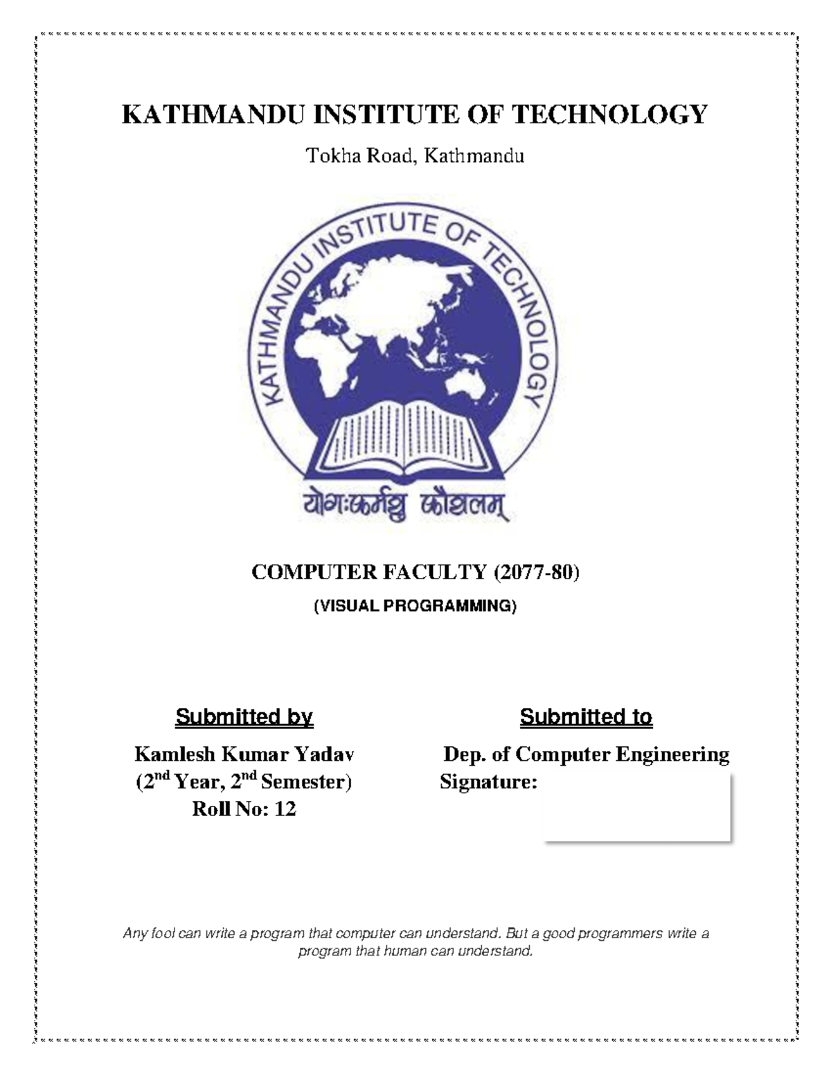 Cover Page - Practical File for C Programming - Object oriented ...