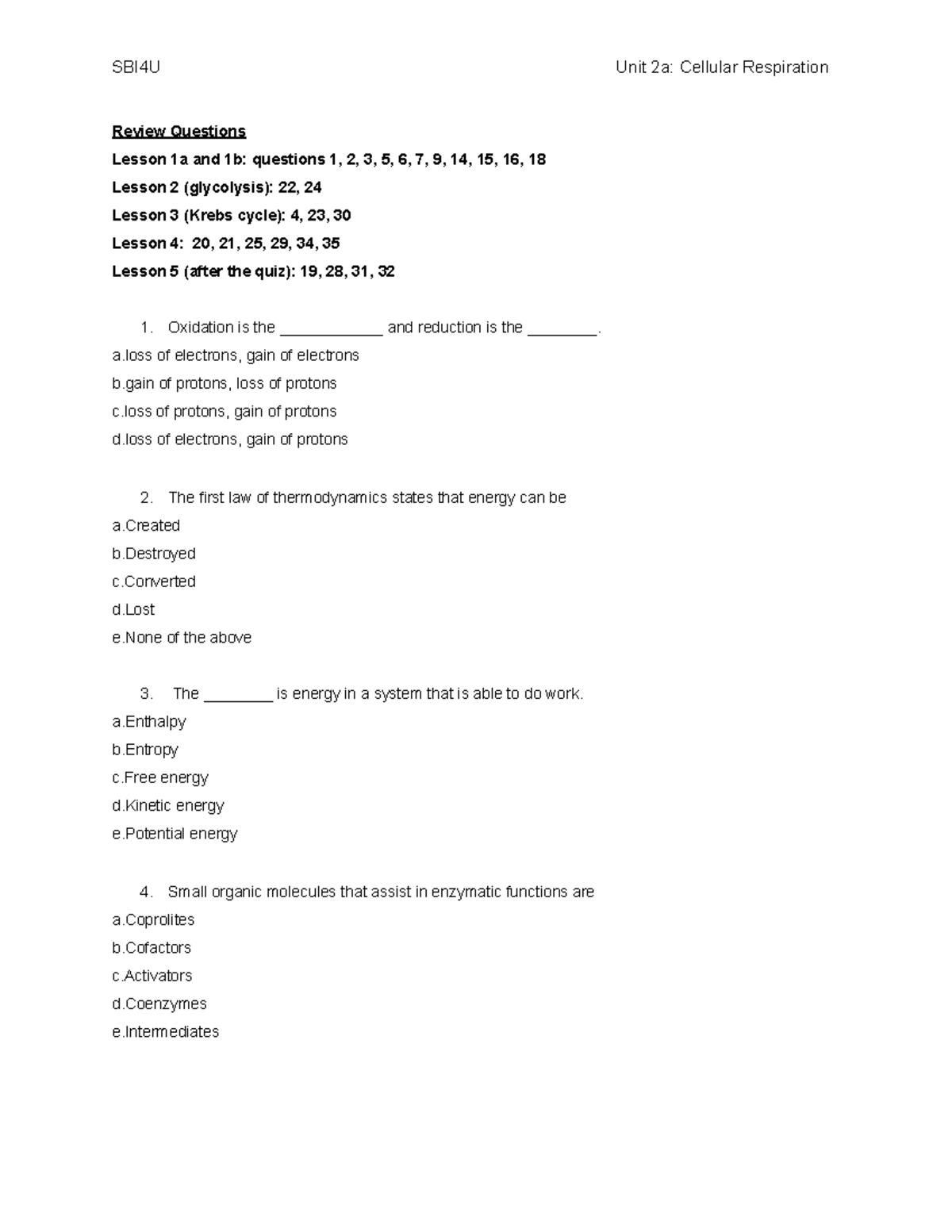 Cellular Respiration - Extra Review Questions for Unit 2a - Studocu