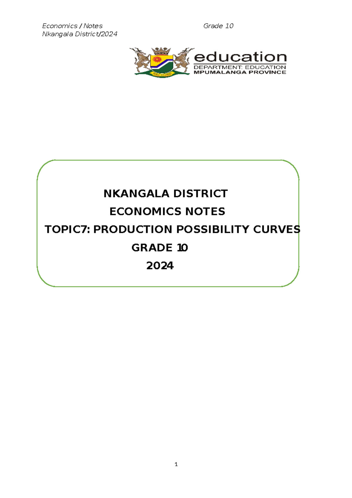 Topic 7: Production Possibility Curve (PPC) - Grade 10 Notes - Studocu