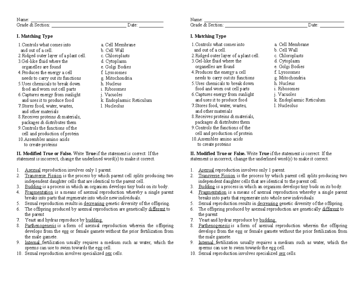 Cell Structure and Reproduction Quiz - Name