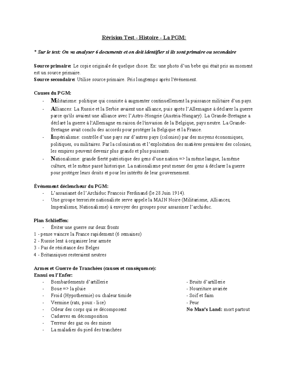 Révision Test Histoire PGM: Analyse des Sources et Causes - Studocu