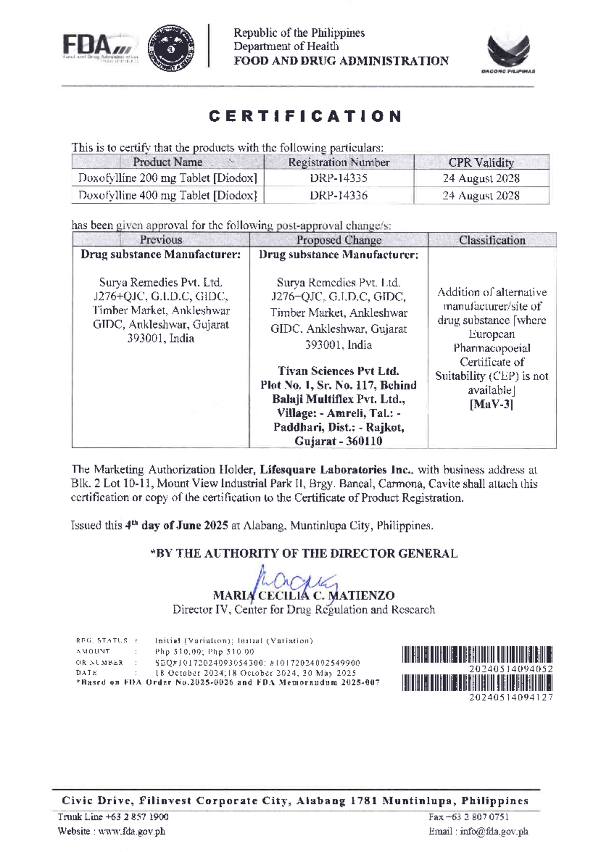 FDA Certification for Doxofylline 200 mg Tablet (CPR Valid until 2028 ...