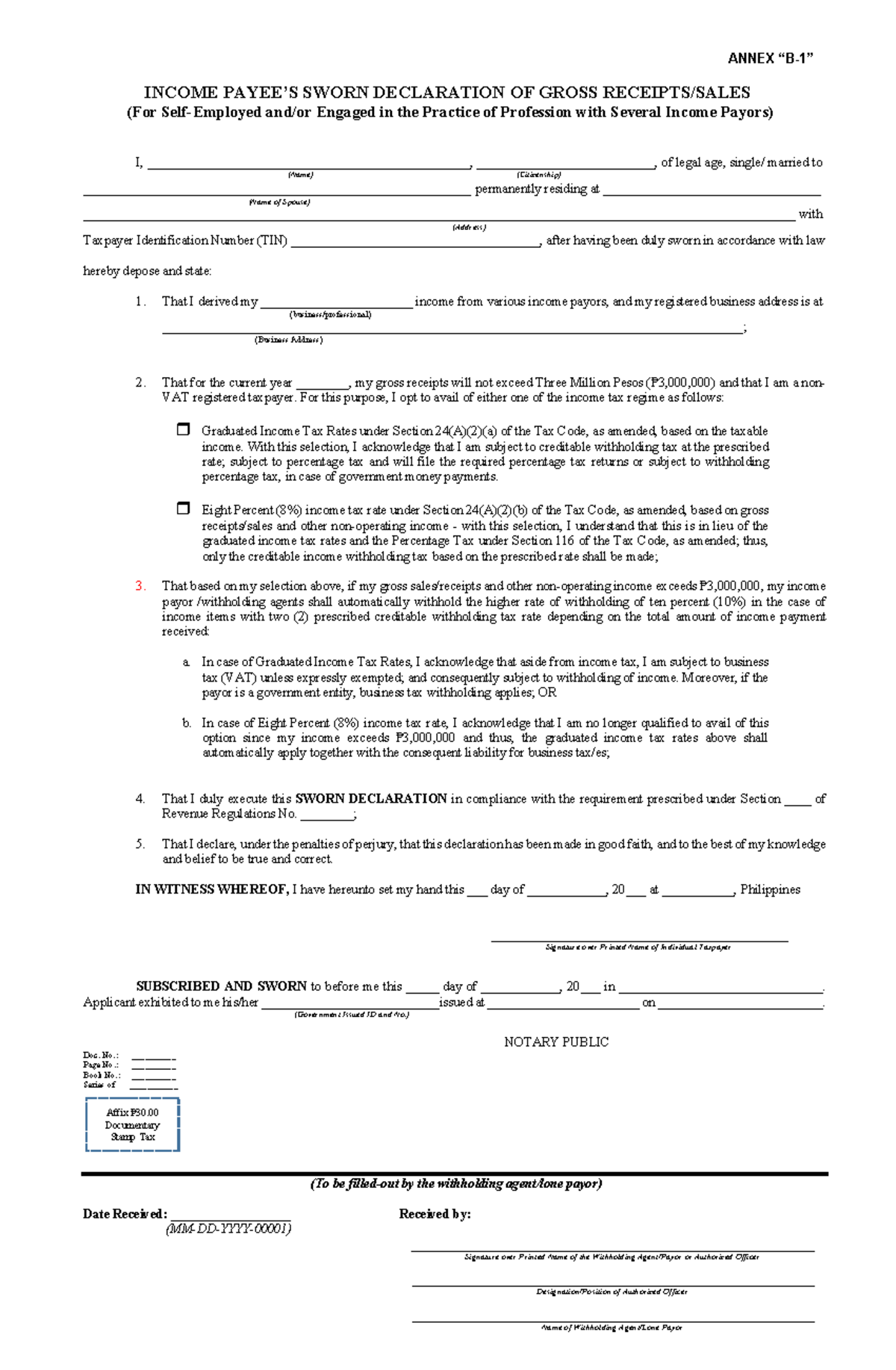 Annex B-1: Sworn Declaration of Gross Receipts/Sales for Income Tax ...