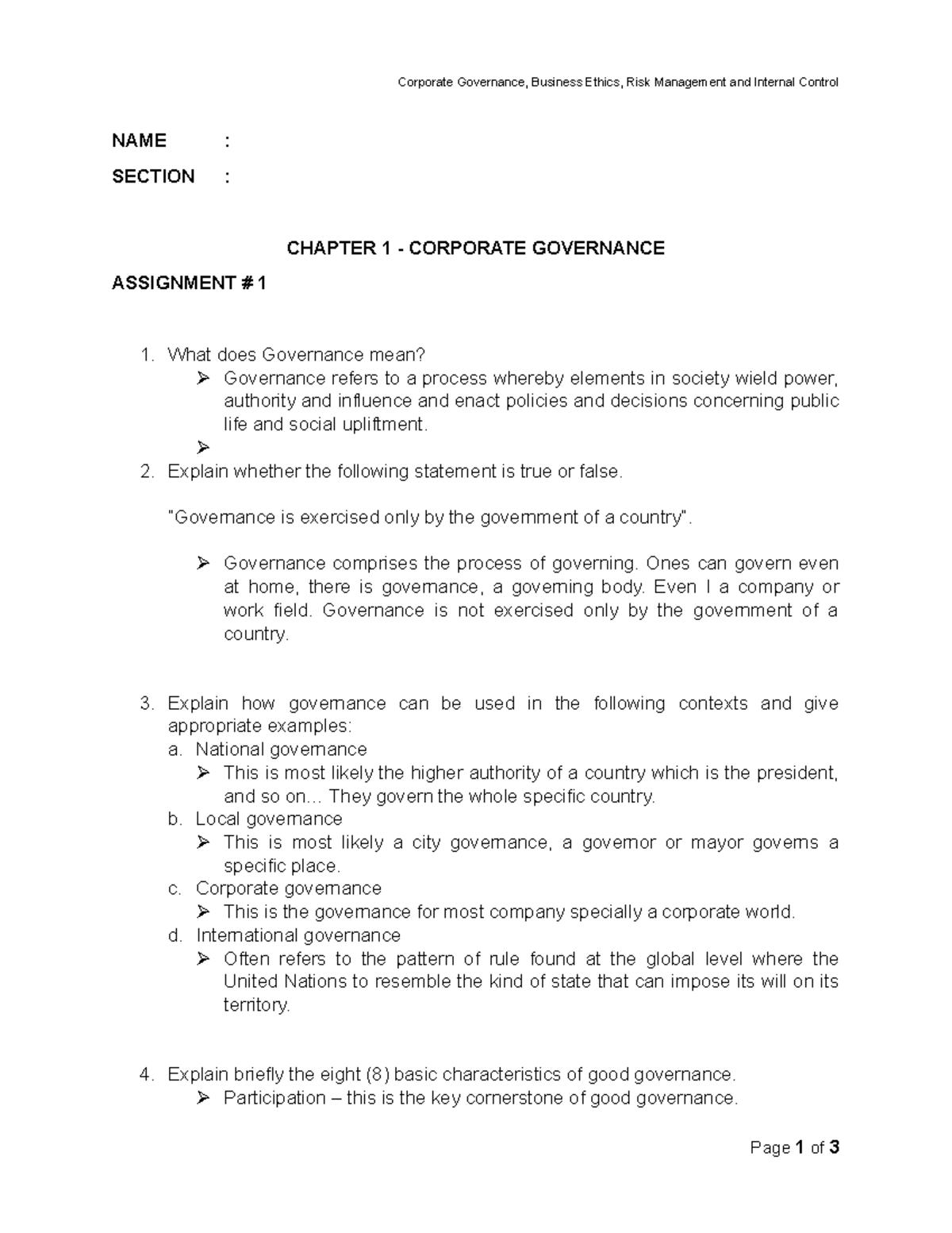 Assignment 1 Chapter 1 Corporate Governance - Corporate Governance ...