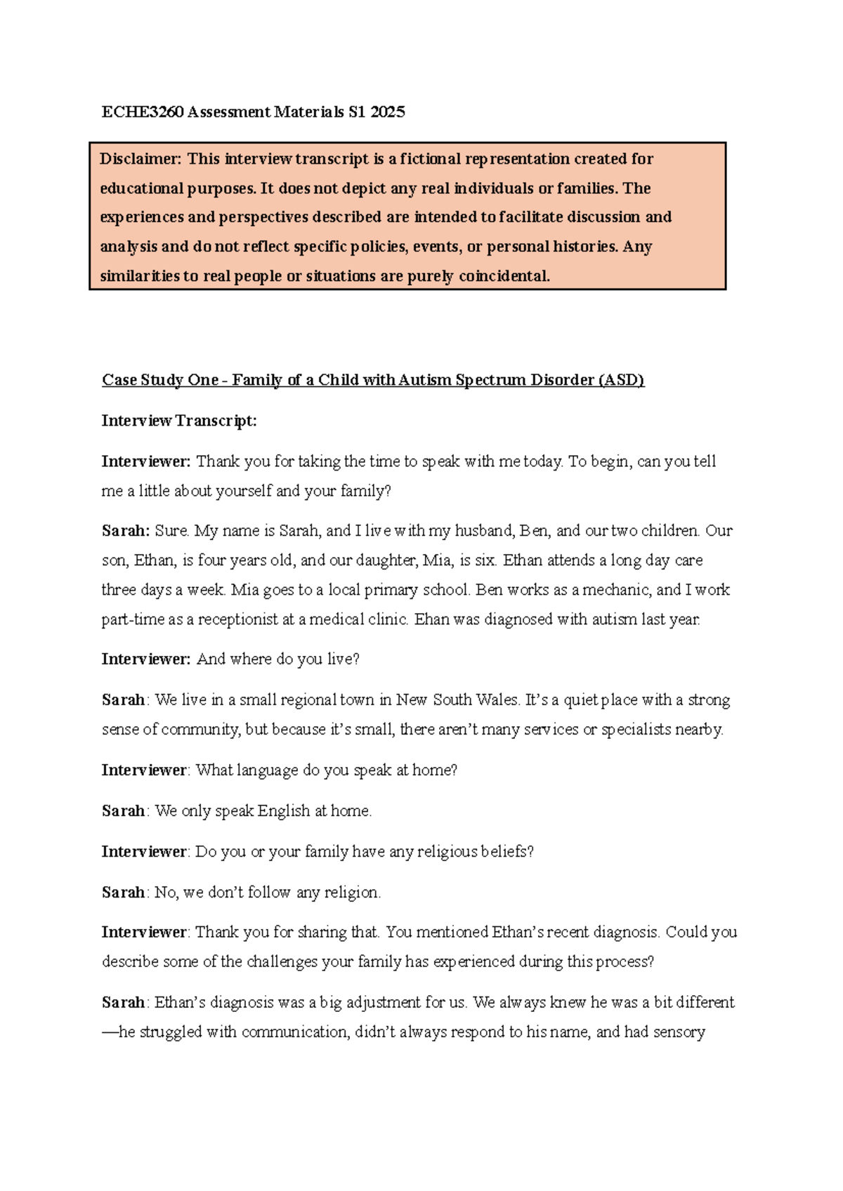 ECHE3260 Case Study 1: Interview Transcript on Family with ASD - Studocu