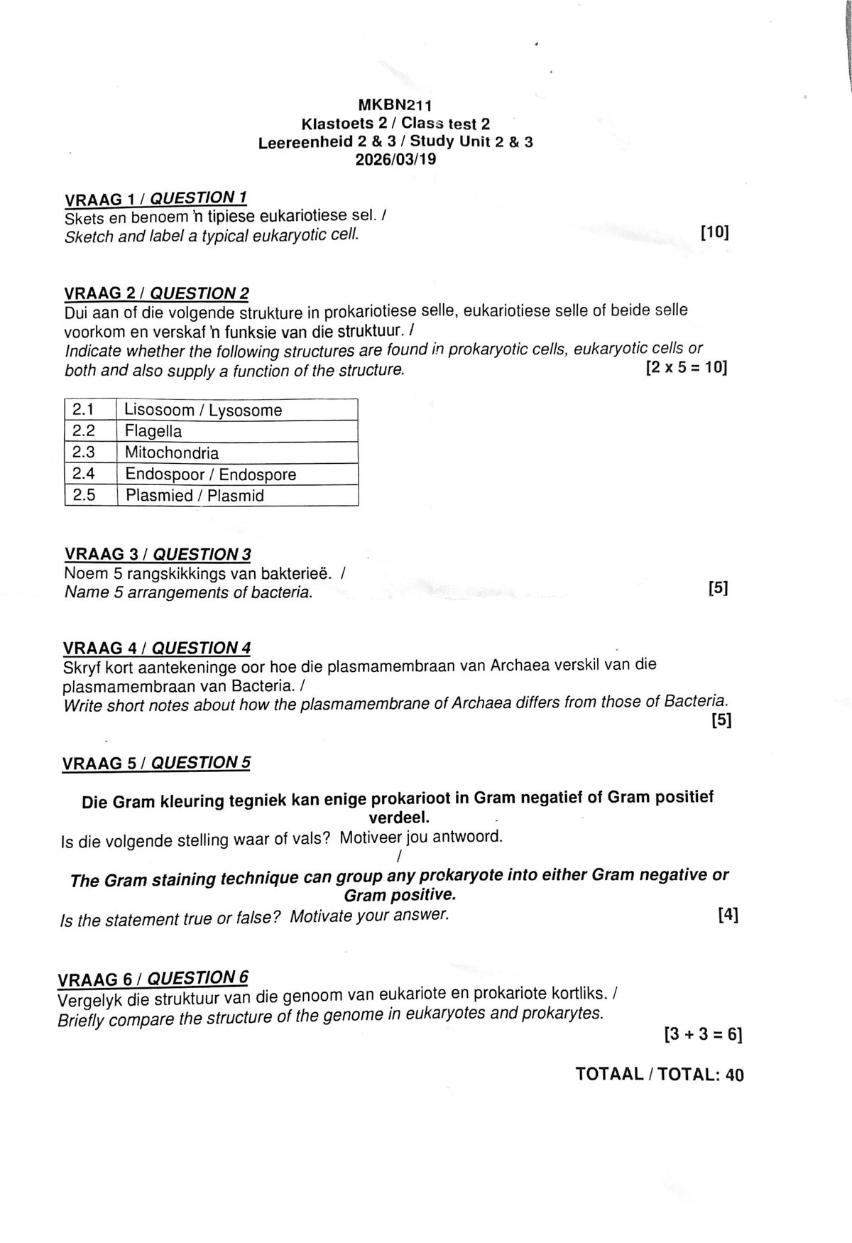 MKBN211 Klastoets 2: Eukaryotic & Prokaryotic Cell Structures - Studocu