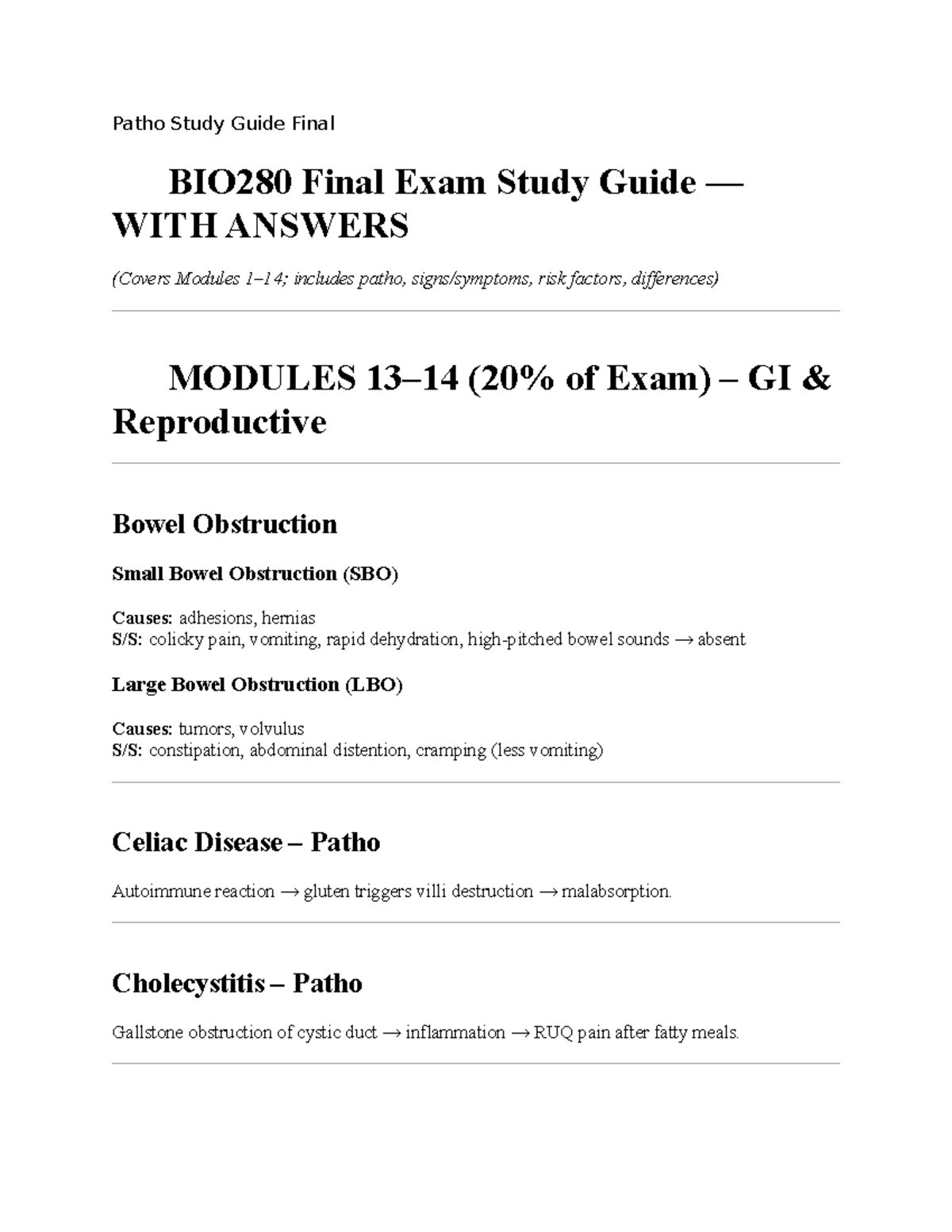 BIO280 Pathophysiology Final Exam Study Guide with Key Concepts - Studocu