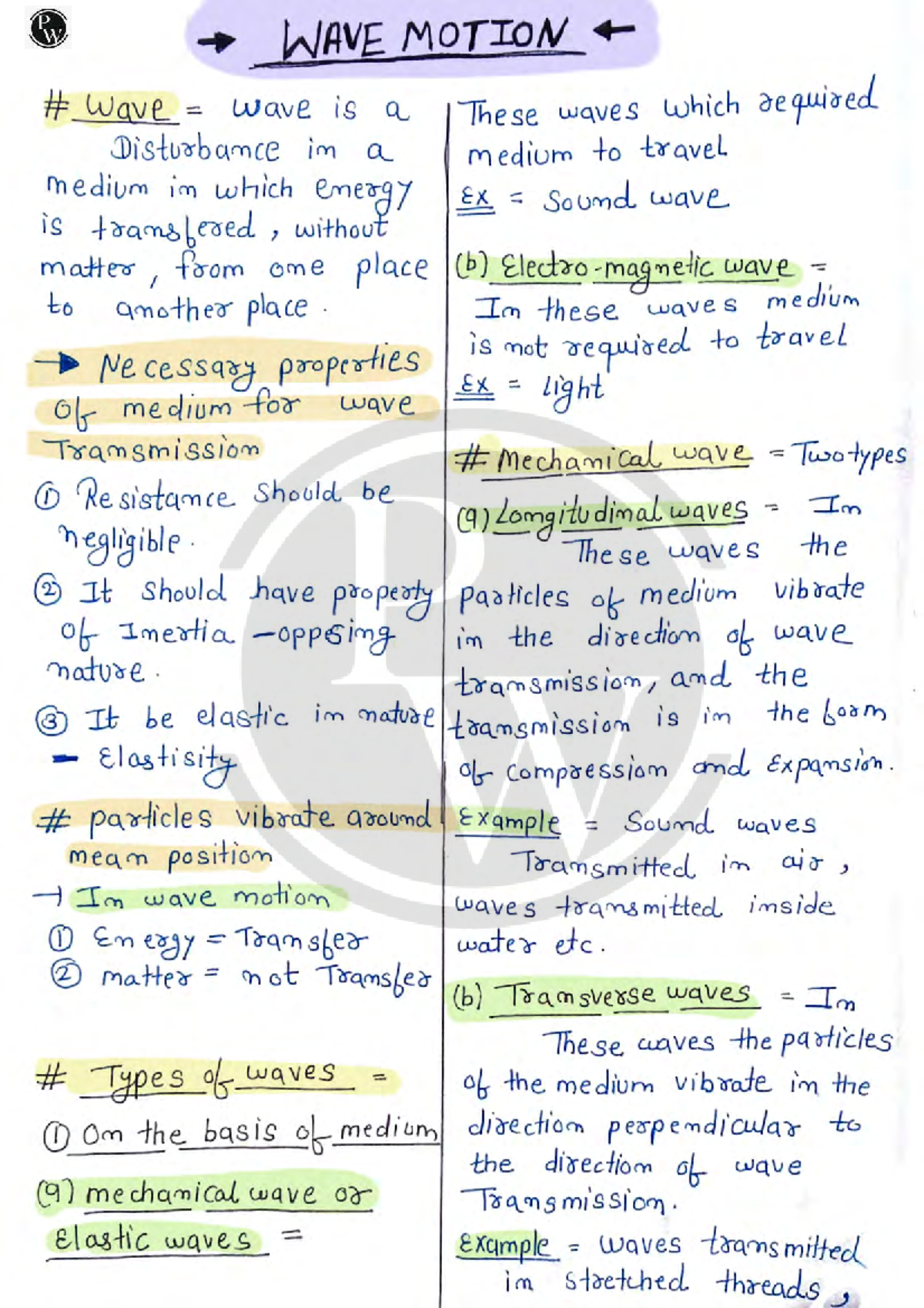 PW Wave Motion Handwritten Notes: Understanding Wave Types and ...