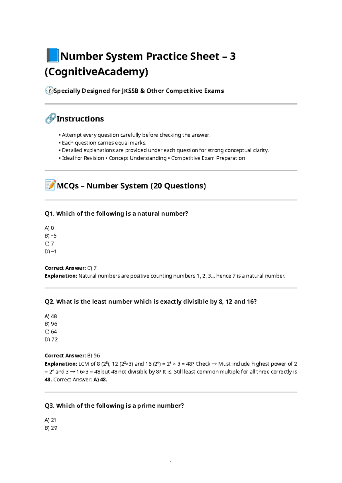 Number System Practice Sheet 3 (JKSSB Exam Prep) - Studocu