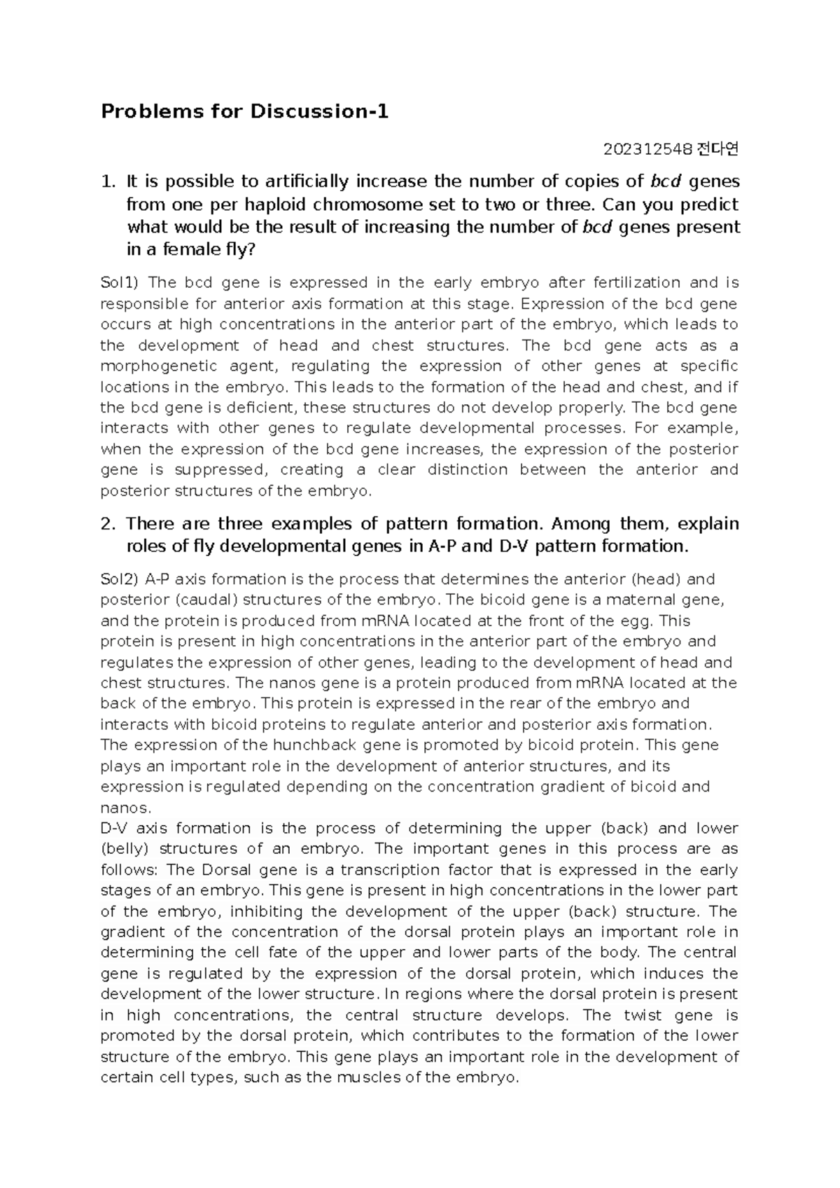 Discussion Problems on Gene Expression in Fly Development (202312548 ...