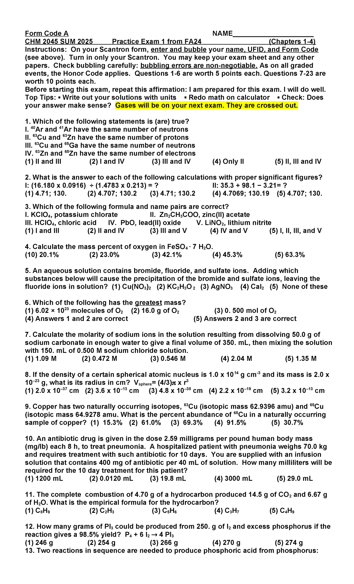 Practice Exam 1 CHM 2045 FA24 (Chapters 1-4) Study Guide - Studocu