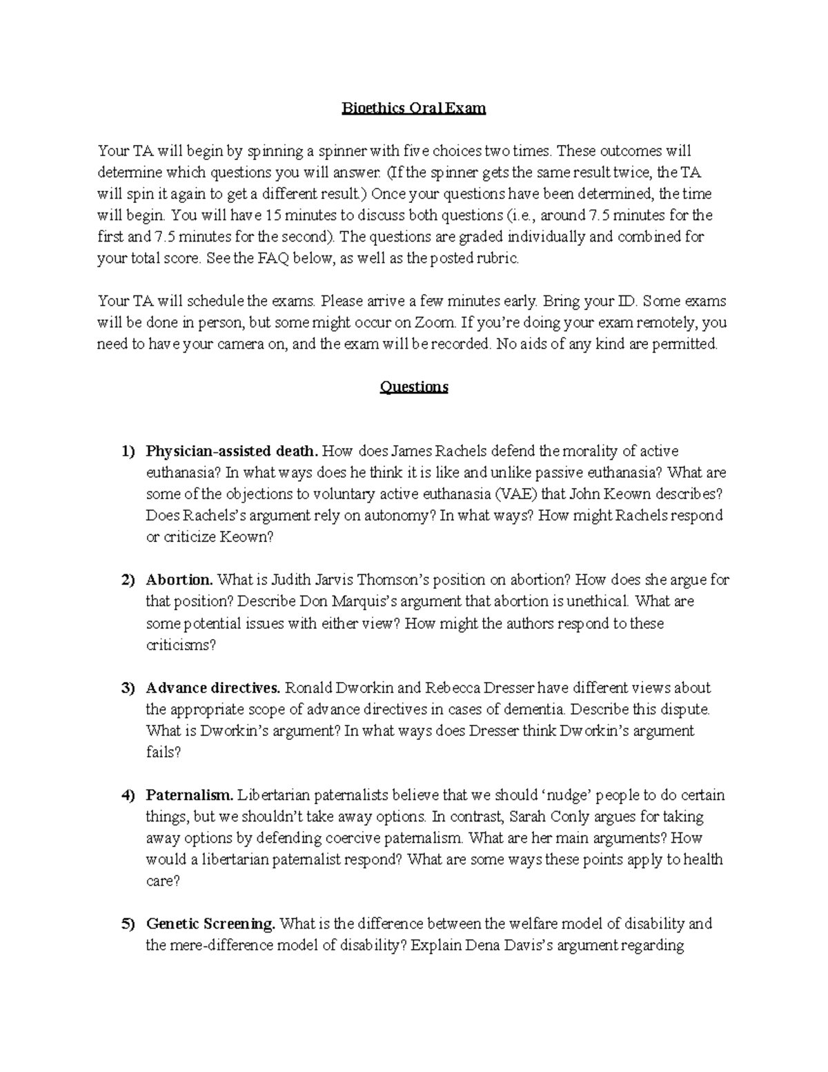 Bioethics Oral Exam - fjrj - Bioethics Oral Exam Your TA will begin by ...