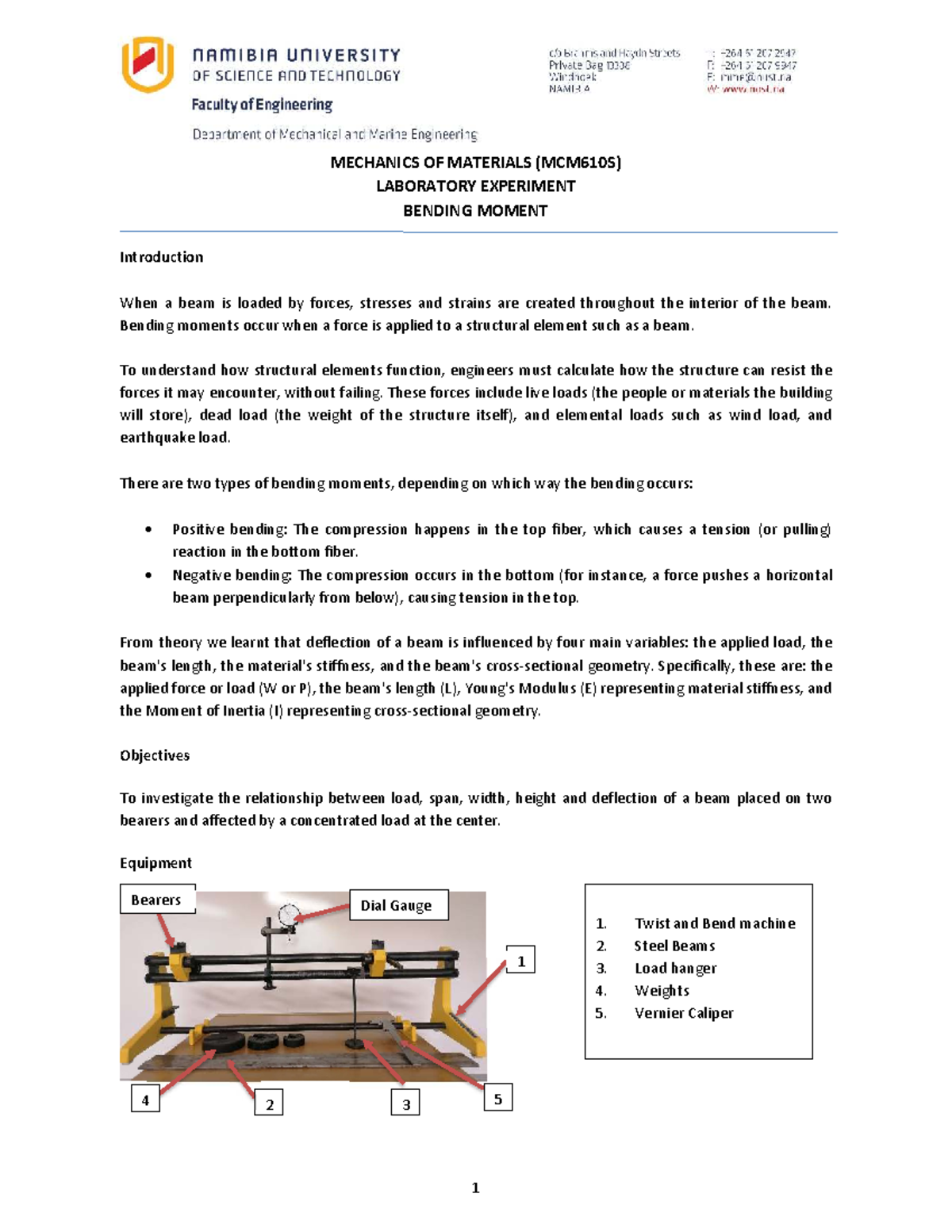 MCM610S - Laboratory Experiment on Beam Deflection and Bending Moments ...