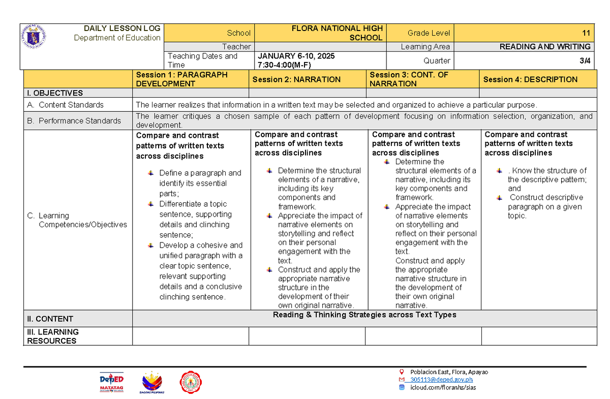 RAW W1 - DETAILED LESSON PLAN IN READING AND WRITING WEEK 1 - DAILY ...