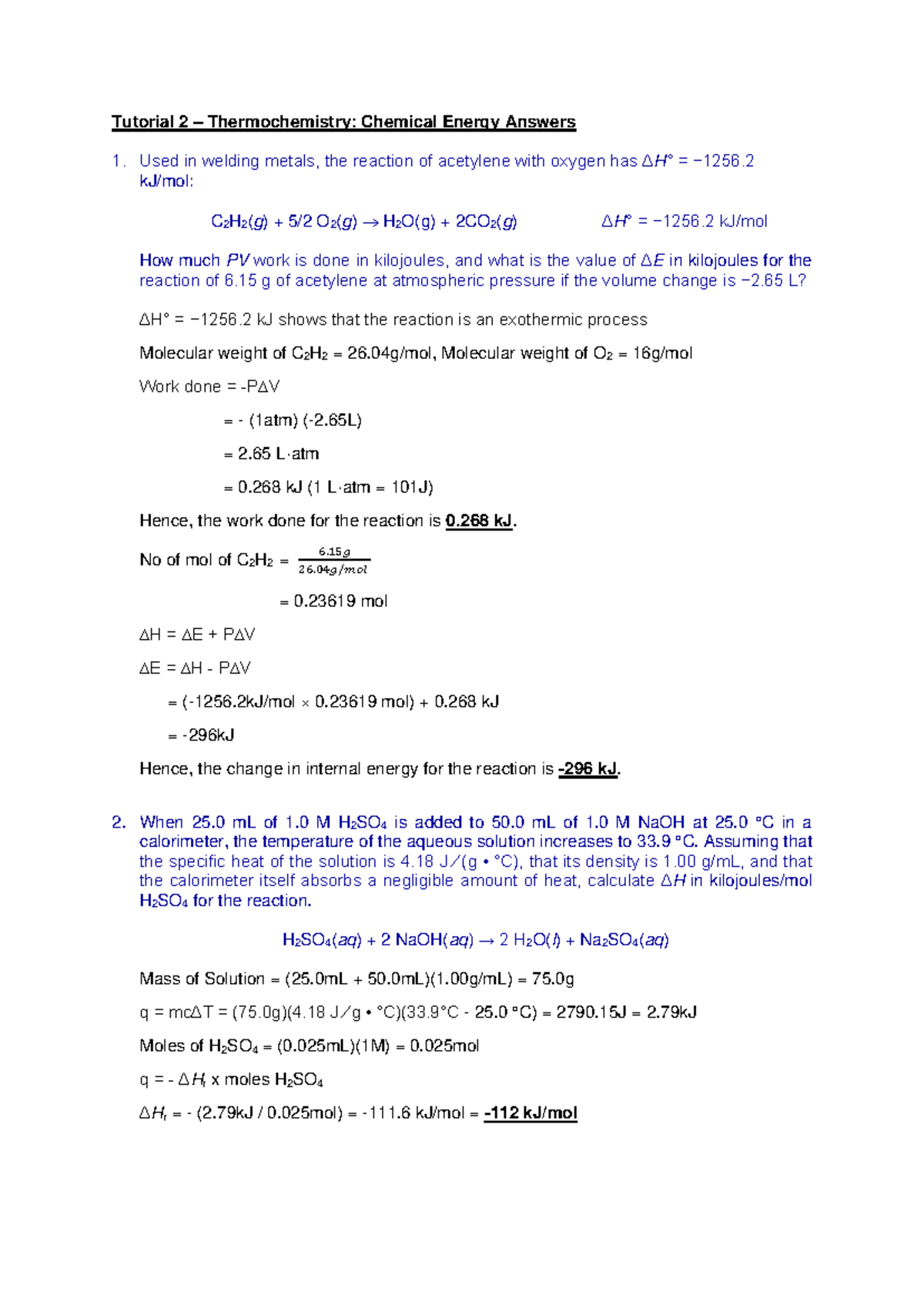 Tutorial 2 - Thermochemistry: Detailed Answers and Calculations - Studocu