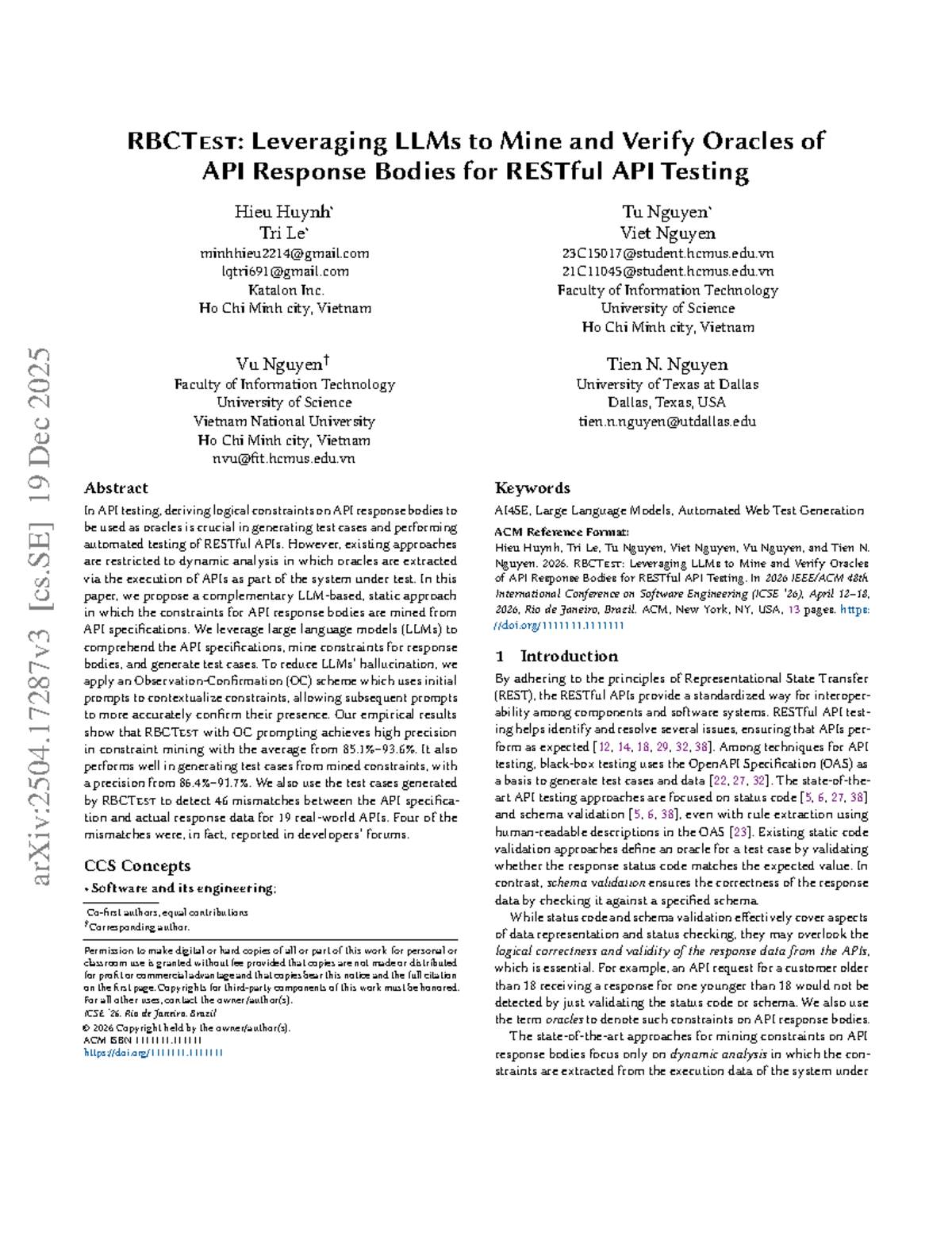 RBCTest: Mining and Verifying API Response Oracles with LLMs for ...