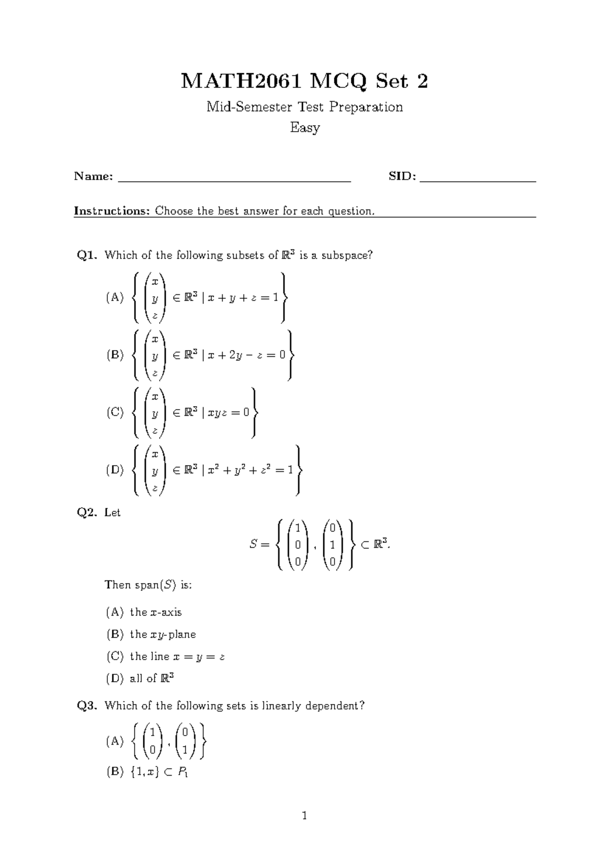 MATH2061 Midterm MCQ Set 2 - Self-Practice Questions - Studocu