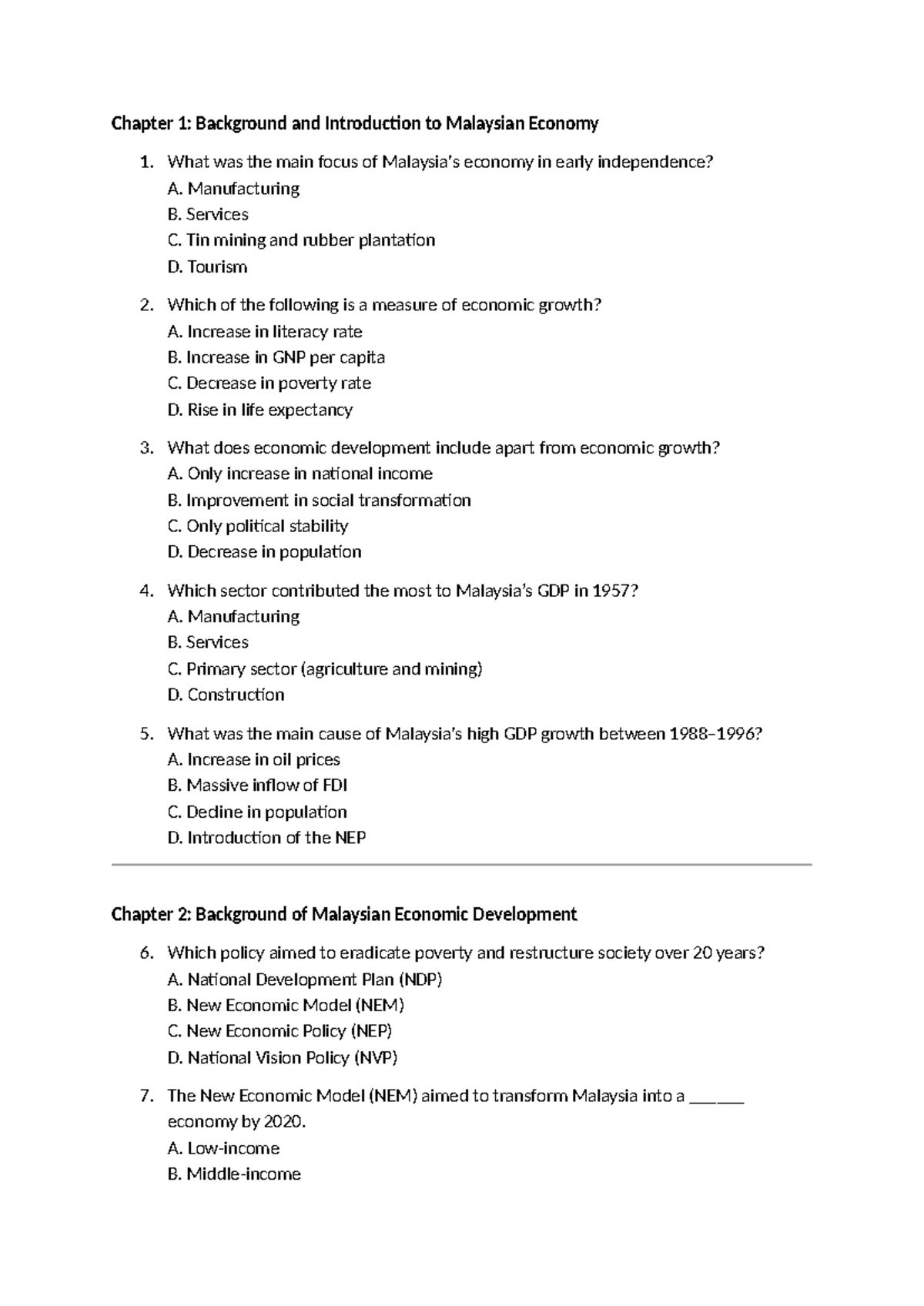 ECO 1261 Chapters 1-3: Overview of Malaysian Economic Development - Studocu